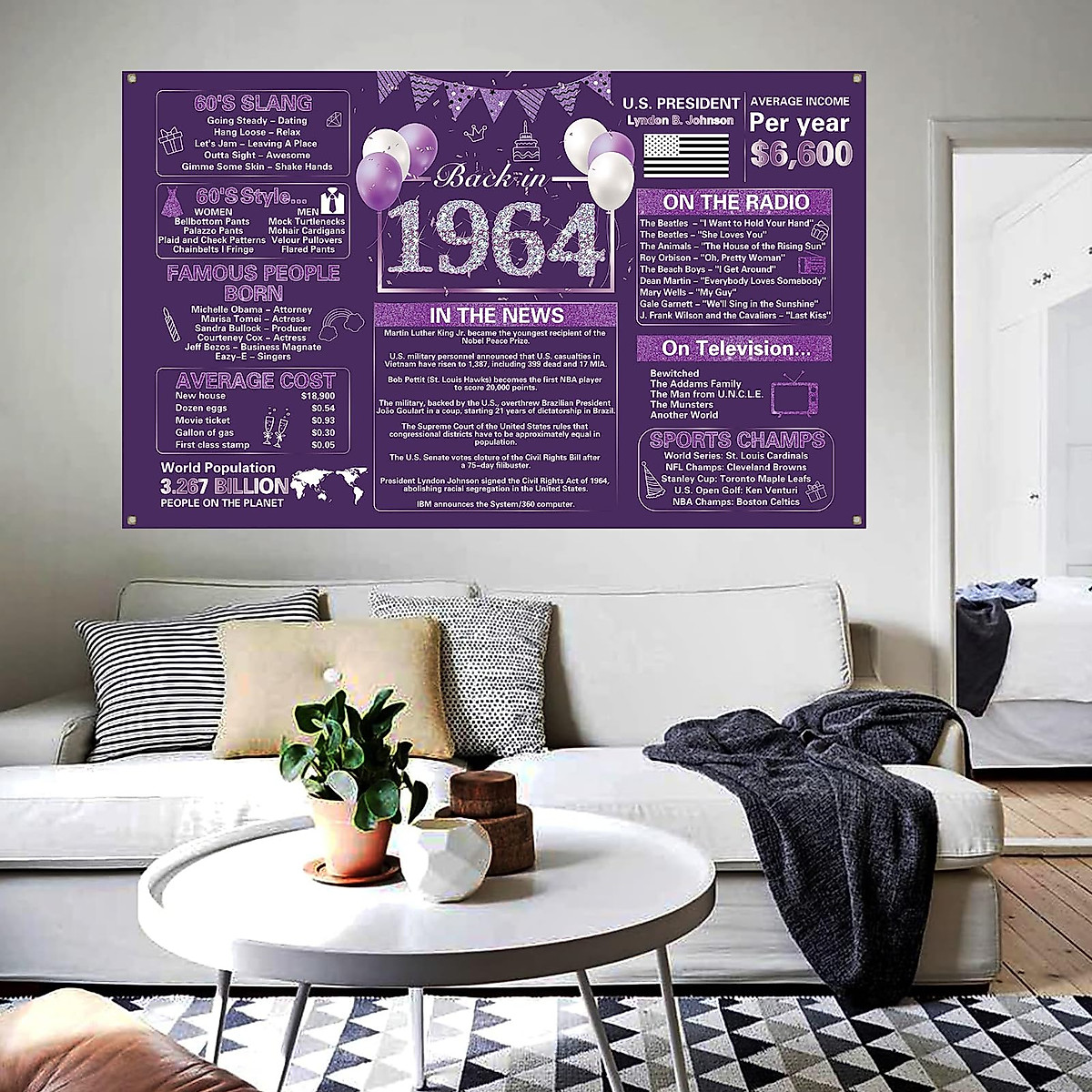 Crenics Purple 60th Birthday Decorations for 1964, Back in 1964 Birthday Backdrop Banner 5.9 x 3.6 Ft, 60 Years Old Birthday Party Supplies for Women
