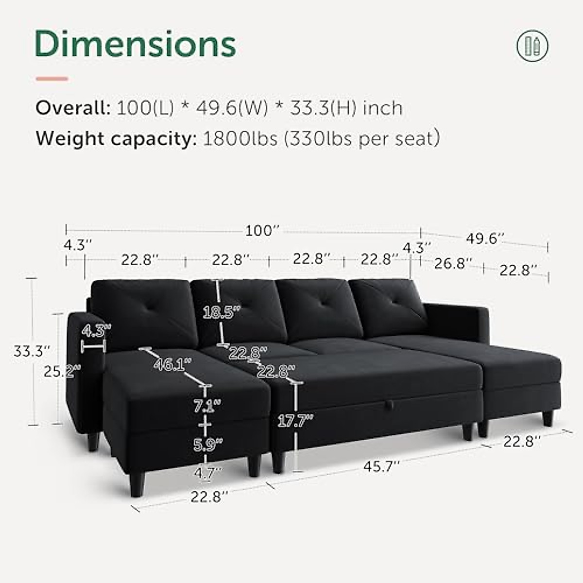 HONBAY Sleeper Sectional Sofa Set Velvet U Shaped Couch with Storage Ottoman 4-Seat Sectional Sofa Set for Living Room, Black