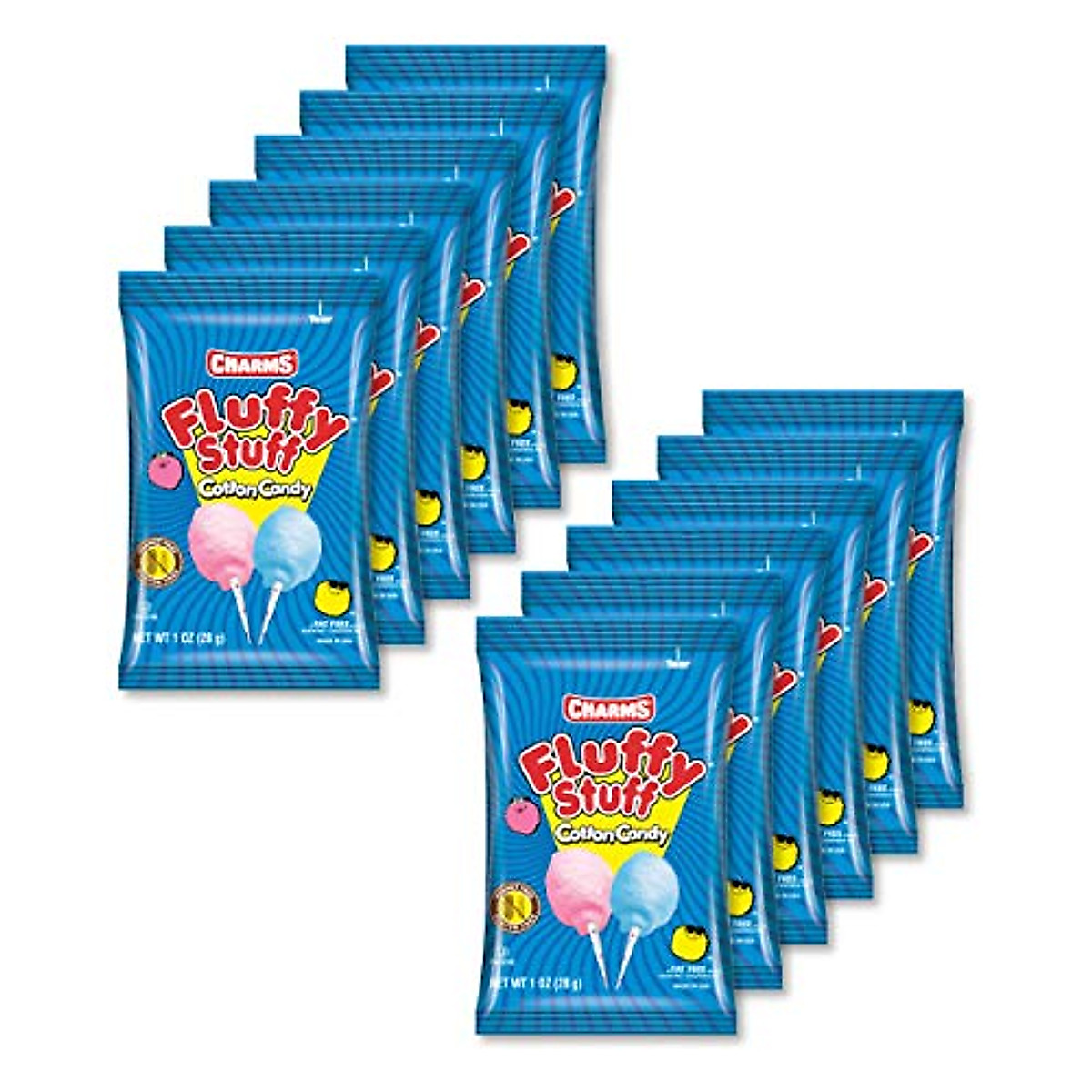 Fluffy Stuff Cotton Candy – Pink and Blue Fresh Spun Floss Sugar Retro Candy – Carnival Cotton Candy in Stay Fresh Packs for Gifts, Party Favors – Pack of 12 - 1 oz Bags