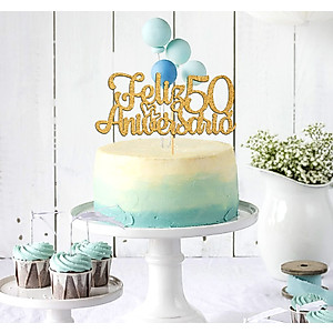 Ferastar Feliz 50 Aniversario Cake Topper, 50th Anos De Amor Wedding Decor, Happy 50th Anniversary Party Supplies Gold Glitter.