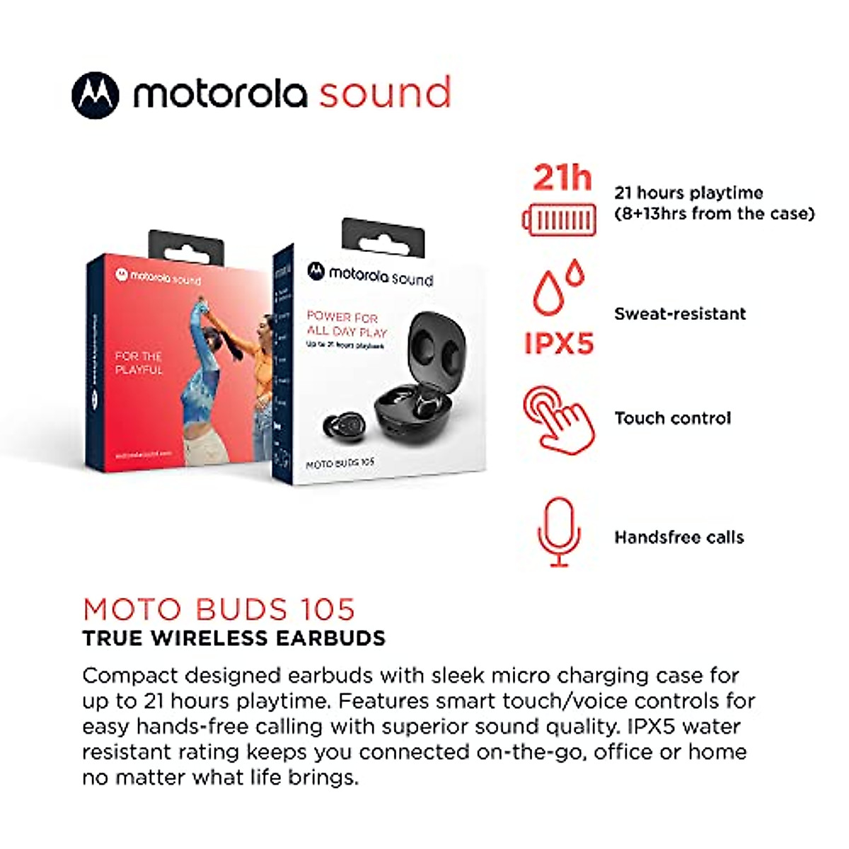 Motorola Moto Buds 105 - True Wireless ENC Bluetooth Earbuds with Touch Control & Micro-Charging Case - IPX5 Water-Resistant, Lightweight Comfort-Fit, Clear Sound - Black