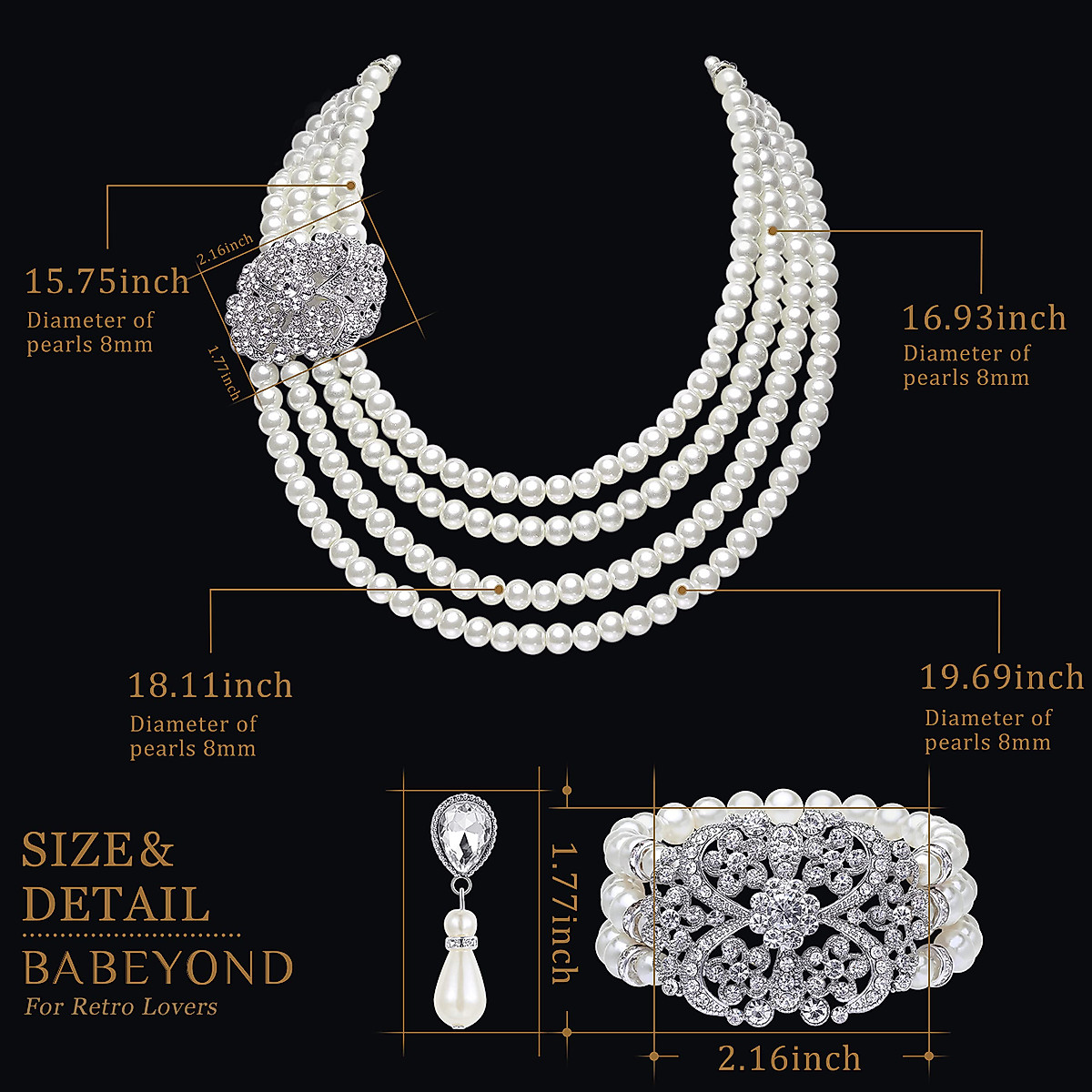 BABEYOND 1920s Gatsby Pearl Necklace Vintage Bridal Pearl Necklace Earrings Jewelry Set Multilayer Imitation Pearl Necklace with Brooch (Style 4-Silver)