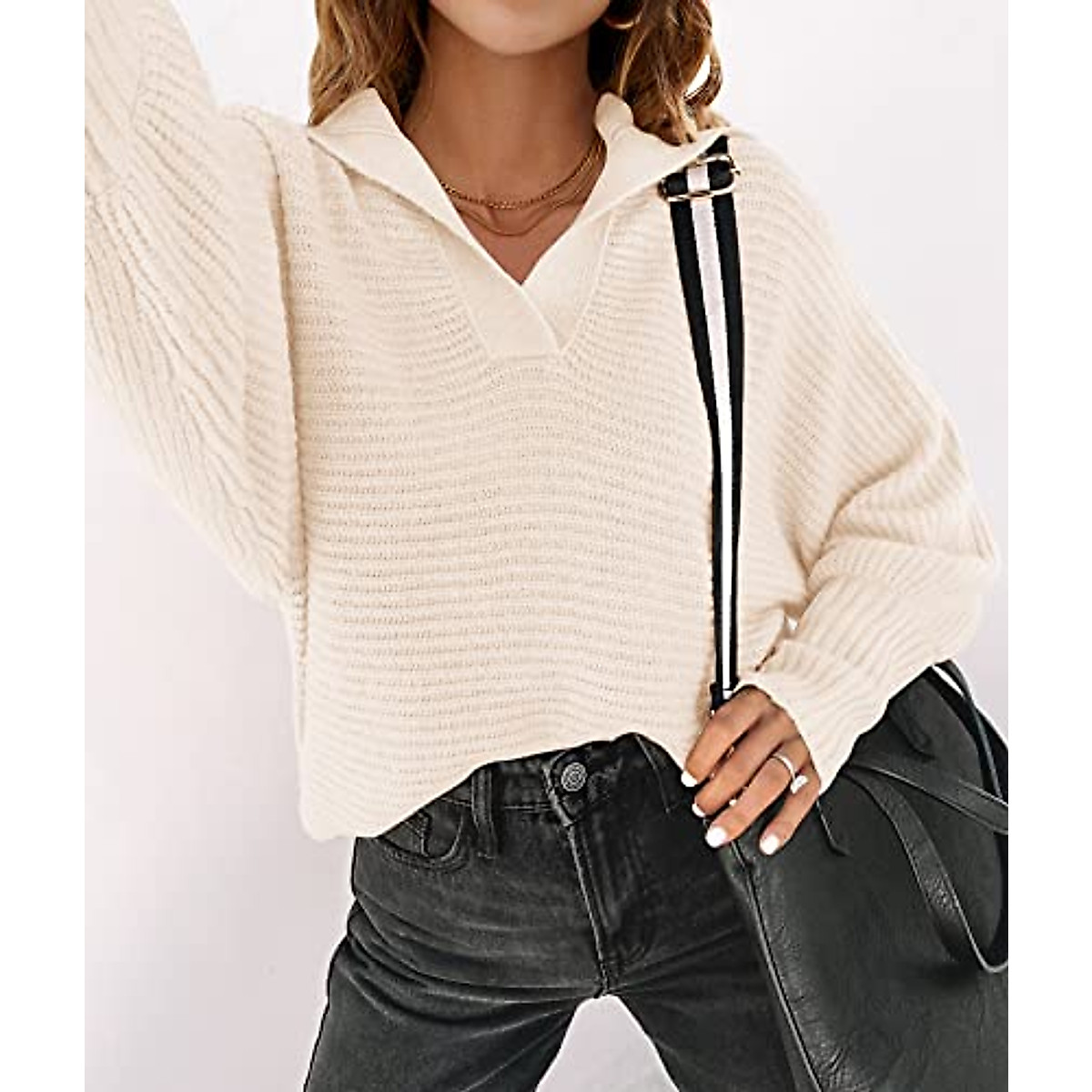 ZESICA Women's 2023 Fall Lapel Collar V Neck Long Sleeve Ribbed Knit Comfy Loose Casual Pullover Sweater Jumper Top,Beige,Medium