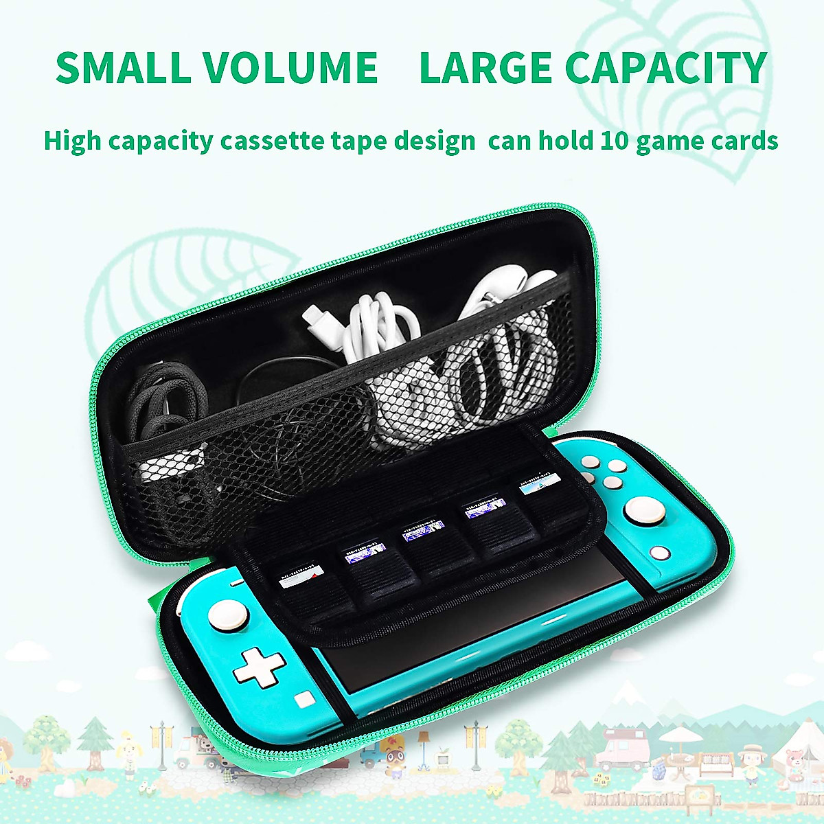 DLseego Carrying Case for Switch lite,New Leaf Crossing Design Portable Travel Carrying Case 3 in 1 Accessories Kit with 2 Pcs Screen Protectors and 2 PcsThumb Grips Caps