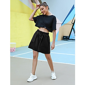 Plus Size Jersey Shorts for Womens Summer Knee Length Shorts Elastic Waist Cotton Lounge Shorts Black XXL