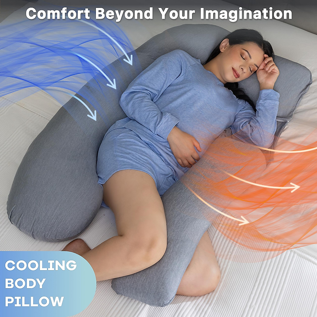 EKLO Pregnancy Pillows, U-Shape Full Body Pillow – Cooling Cover Grey – Pregnancy Pillows for Sleeping – Body Pillows for Adults, Maternity Pillow and Pregnancy Must Haves