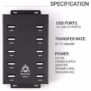BrovSS: 10 Ports USB 2.0 Powered Hub - USB Extension Splitter with 12V 5A 60W Power Adapter. Connect up to 10 Electronics and USB peripherals. (Black)