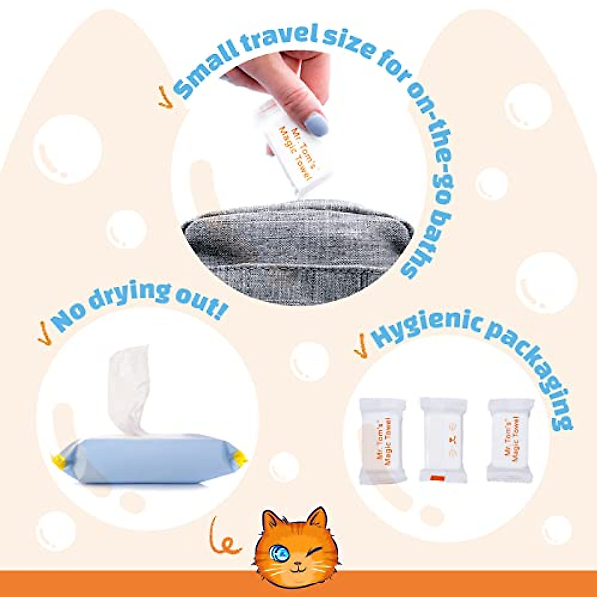 Mr. Tom's Magic Towel - Pet Wipes for Cats - Rinse-Free Compressed Shampoo Towel for Cats and Dogs - Non-Toxic, Re-usable, pH-Balanced, Omega 3 Fish Oil Cat Shampoo - 10 Towel Pieces