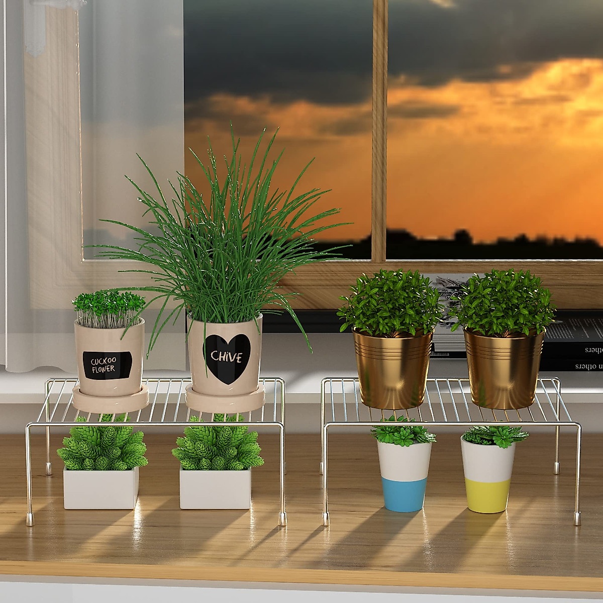 GEDLIRE Kitchen Cabinet Shelf Organizer Set of 4, Medium (13 x 9.4 inch) Metal Wire Pantry Storage Shelves, Dish Plate Racks for Cabinets, Freezer, Counter, Cupboard Organizers and Storage, Chrome