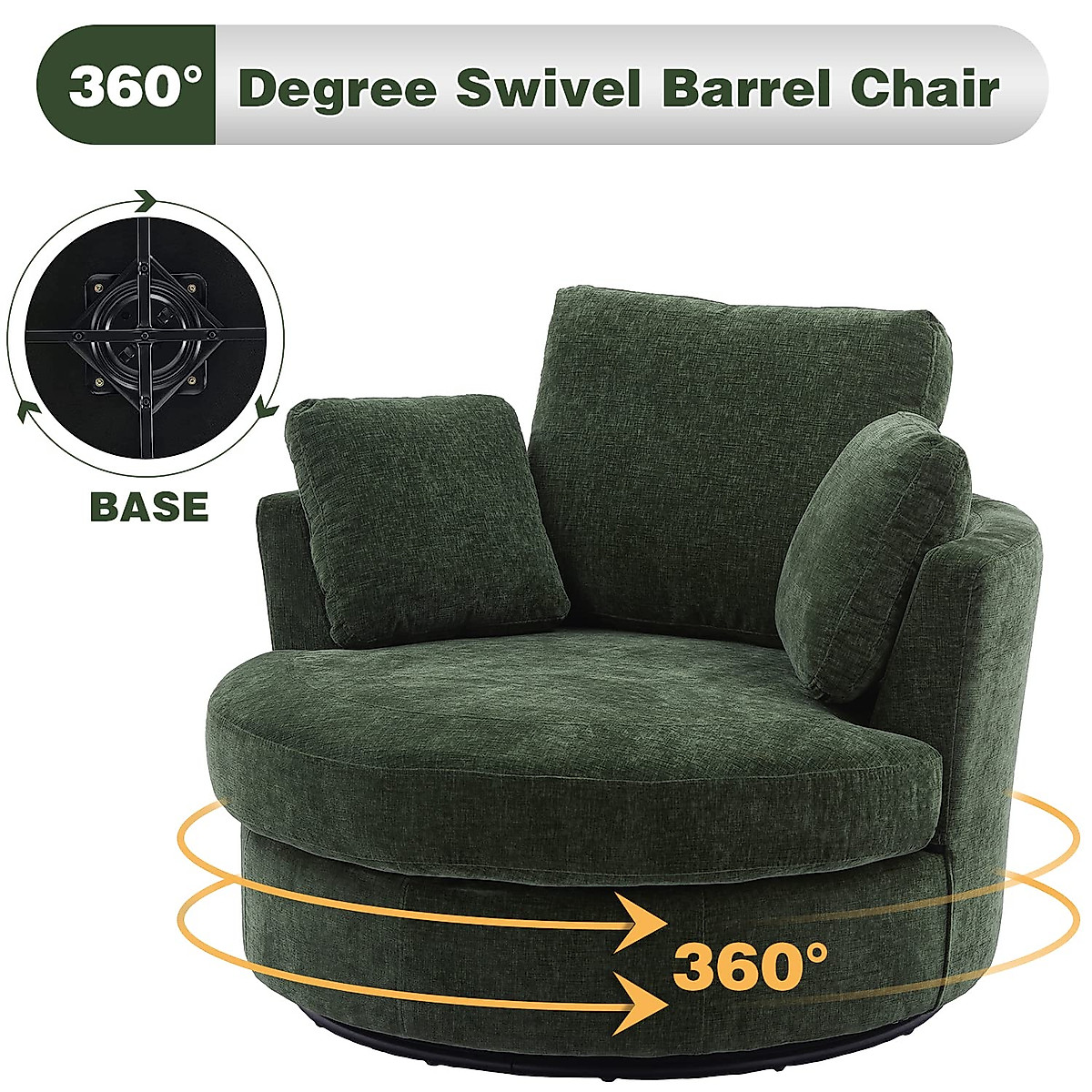 42.2" W Chenille Velvet Loveseat Sofa Swivel Barrel Chair for Bedroom with 4 Pillows, Mid Century Modern Accent Chair for Living Room, Comfy Reading Chair for Office/Library/Home, Green