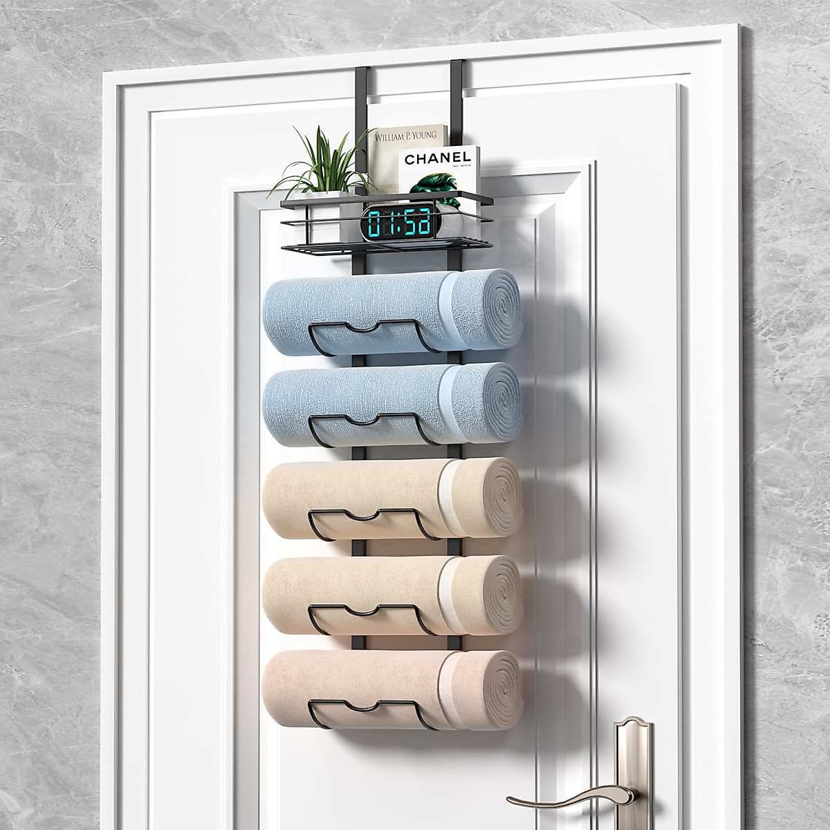 Xstydes 6-Tier Over The Door Towel Rack,Towel Racks for Bathroom, Metal Towel Holder with Storage Basket,Towel Storage for Small Bathroom,Towel Rack for Rolled Towels,Black