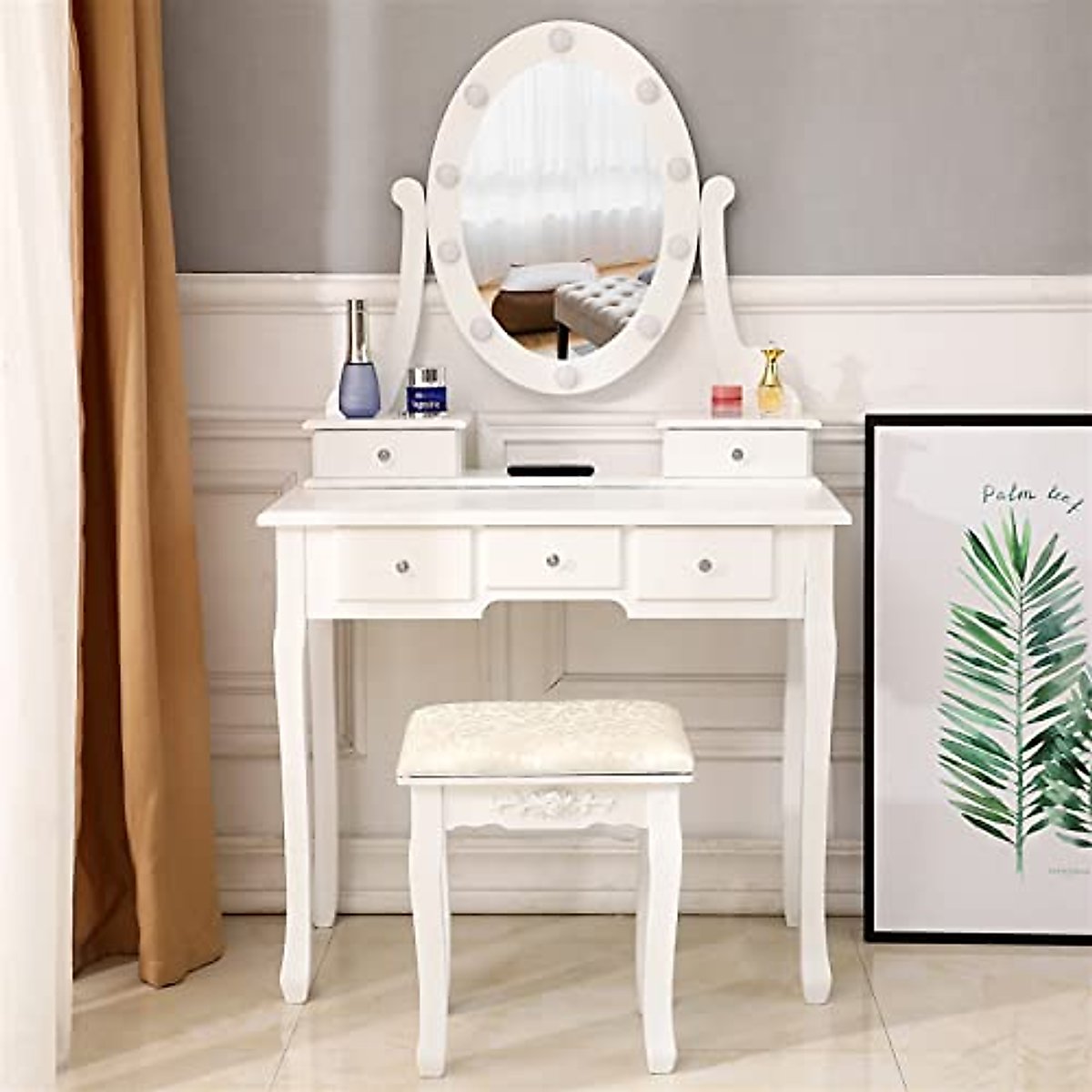 White Lighted Makeup Vanity Set - Makeup Desk with 360° Rotating Oval Mirror and Cushioned Stool - Make-up Vanity Station with Removable Top - Dressing Table with 10 Light Bulbs and 5 Sliding Drawers