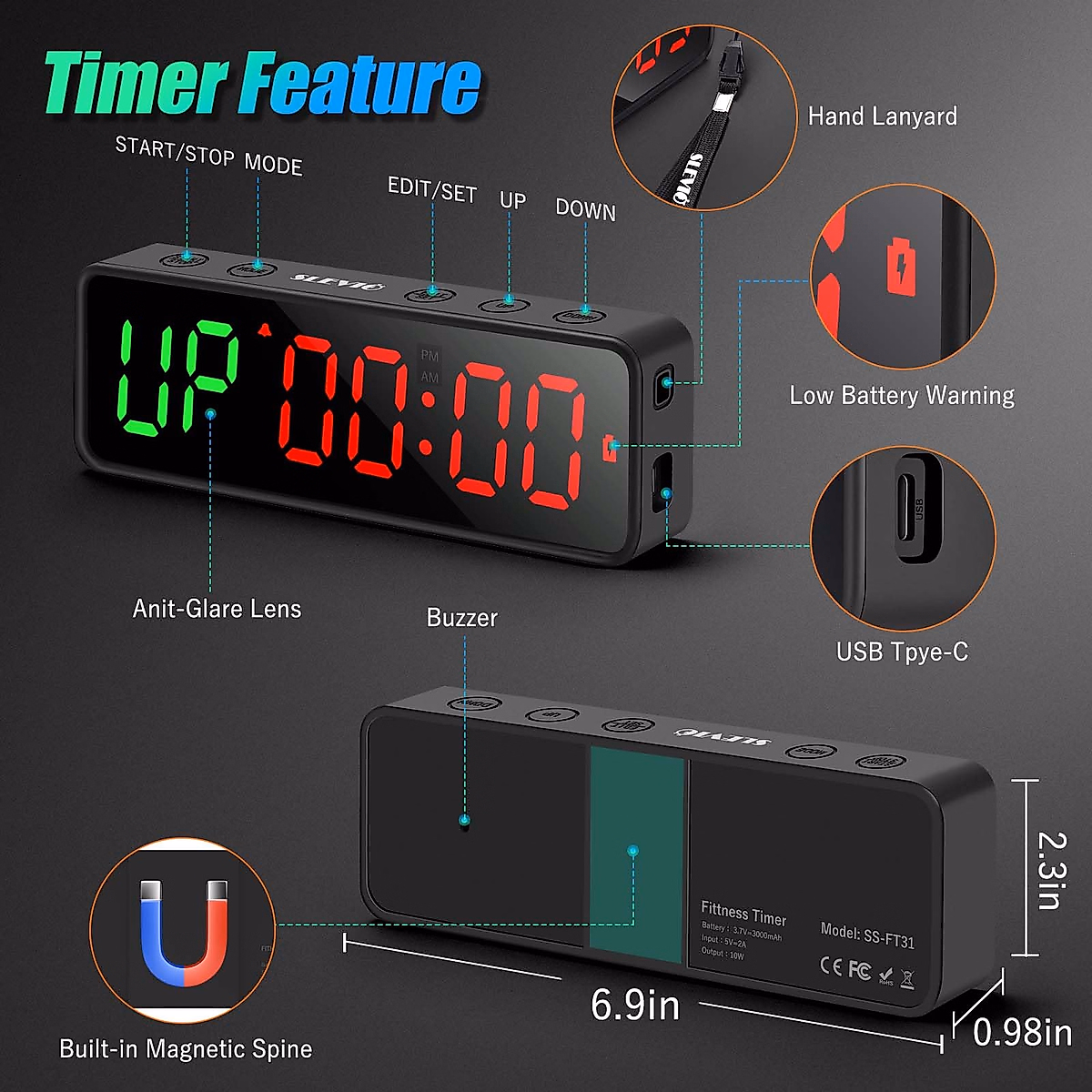 Portable Gym Workout Timer, Fitness Clock with The Rubber Case and Built-in Magnetic Spine, Large LED Digital Anti Vertigo Display, for Home Garage Schools (Black)