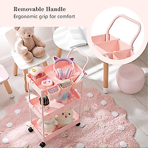 danpinera Slim Storage Cart, 3 Tier Narrow Rolling Cart on Wheels Bathroom Organizer Cart with Dividers Handle Hanging Cups Hooks for Laundry Room Kitchen Small Spaces, Pink