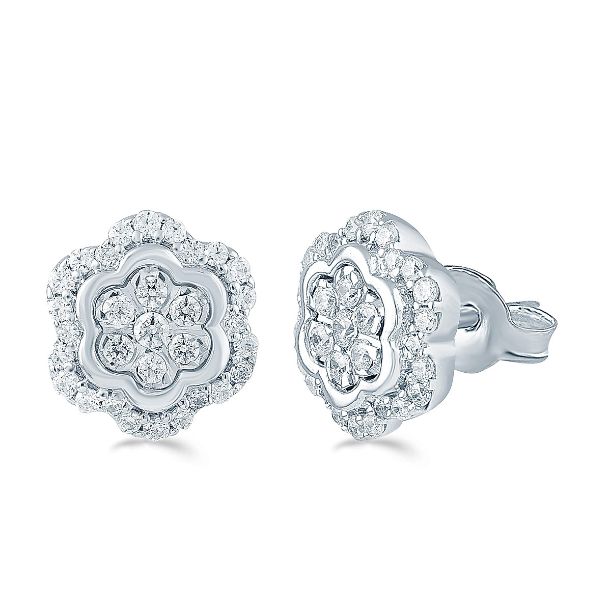 1/2Cttw Natural Diamond Cluster Stud Earrings Set in 925 Sterling Silver