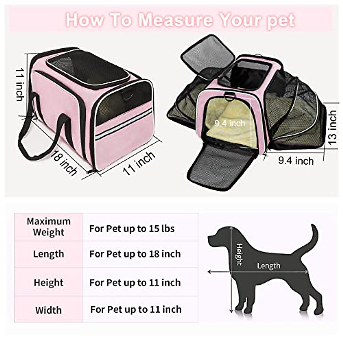 Cat Carrier Airline Approved Pet Carrier, Expandable Foldable Soft-Sided Dog Carrier, 3 Open Doors, 2 Reflective Tapes, Pet Travel Bag Safe and Easy for Cats and Dogs(Pink)