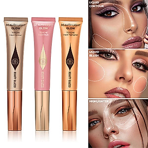 3PCS Liquid Contour Beauty Wand, Highlighter and Bronzer Stick with Cushion Applicator Attached Easy to Blend, Lightweight Silky Cream Contour Face Illuminator Makeup Stick (Contour+Highlighter+Blush)