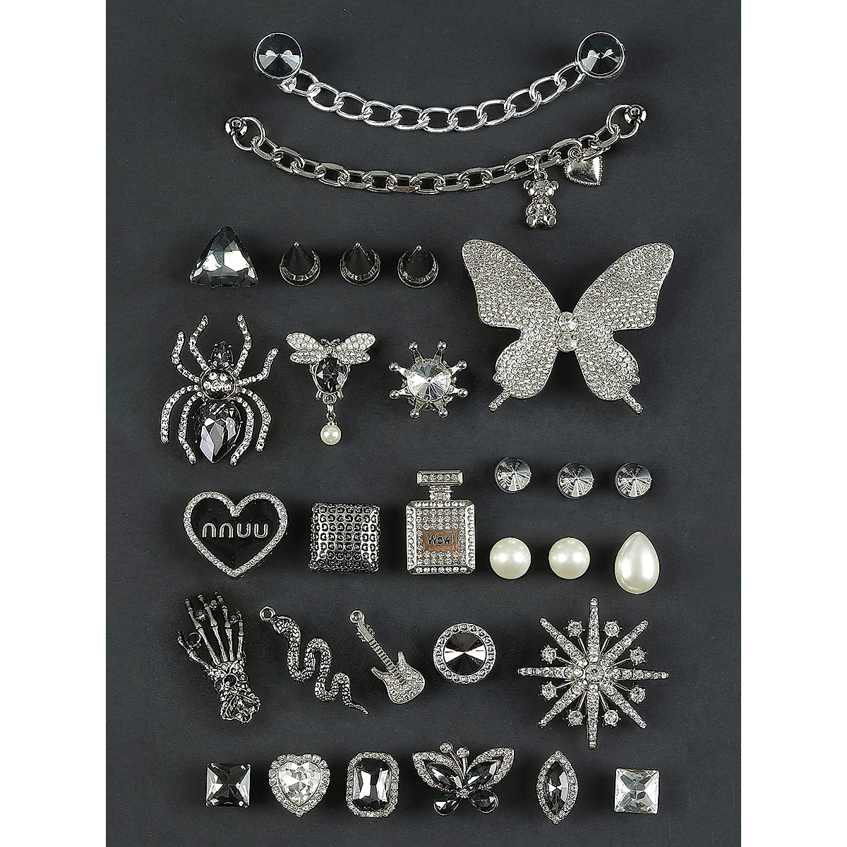 ZOKUZO Goth Bling Croc Charms Women Cute Designer Sliver Butterfly Punk Metal Jewels Rhinestone Gems Diamond Chains Crock Pins Shoe Charms Decorations Accessories for Adults Girl 30pcs