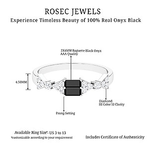 Baguette Black Onyx Promise Ring For Women, Natural Black Onyx Ring with Diamond, 14K White Gold, Size:US 10.00