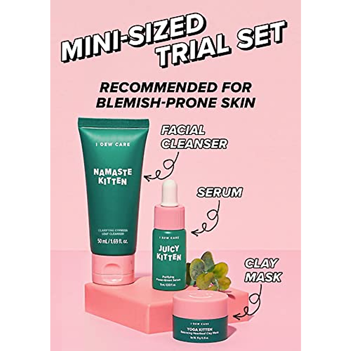 I Dew Care Heartleaf Skincare Set - Kitten My Balance On | Foam Cleanser, Wash-off Mask, Serum For Blemish Skin, With Kaolin, Heartleaf Extract, Gift, Travel Size, Korean Skincare, TSA Friendly Size