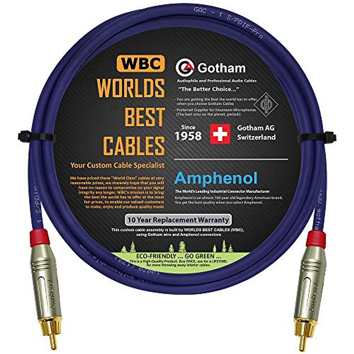 WORLDS BEST CABLES 3 Foot SPDIF Cable – Gotham GAC-1 S/PDIF-Pro (Ultrablue) High-End Silver Plated LCOFC Digital Audio Interconnect Cable & Amphenol ACPR-SRD Gold RCA Plugs - Custom Made