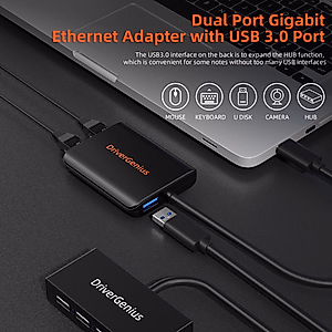 DriverGenius USB 3.0 to Dual Port Gigabit Ethernet Adapter NIC w/USB Port - Compatible for Windows 11, macOS 15 (CU200)