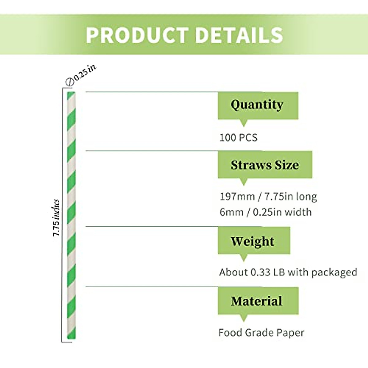 Green White Striped Straws, Disposable Paper Straws Spring Green Biodegradable Paper Drinking Straws 7.75 inch (100 of Box)