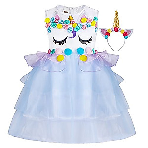 Spooktacular Creations Unicorn Princess Pageant Flower Girl Tutu Dress Rainbow Skirt with Headband and Wings for Kids (Blue, Small)
