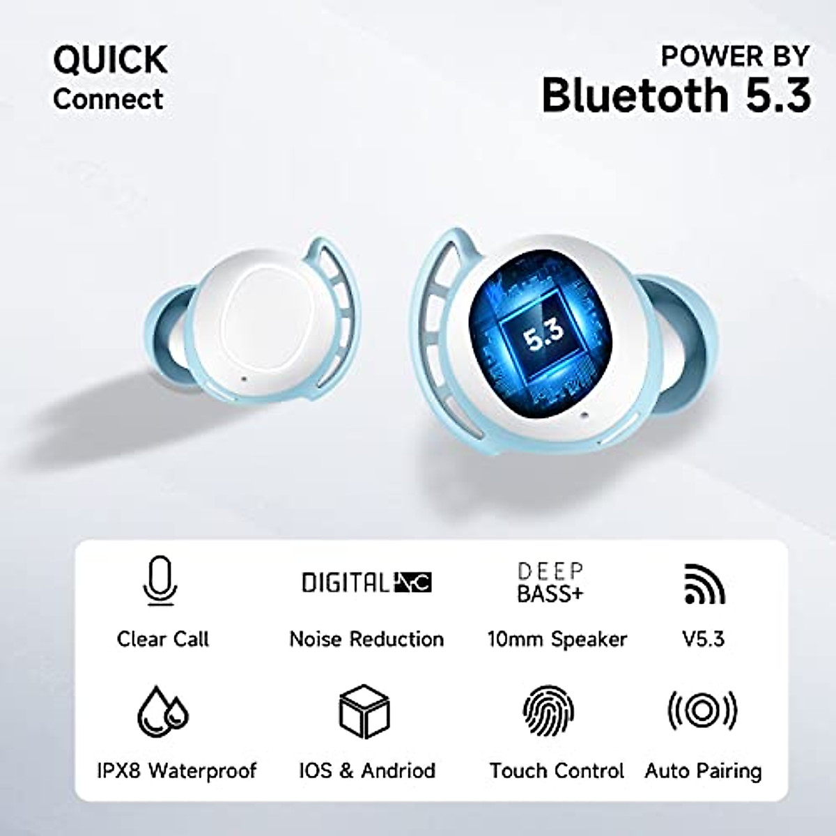 taopod Wireless Headphones, Bluetooth Earphones with LED Display, 42H Playtime, IPX7 Waterproof, Mini Earbud with Deep Bass, Bluetooth 5.3 Earphones for Sports Running Workout