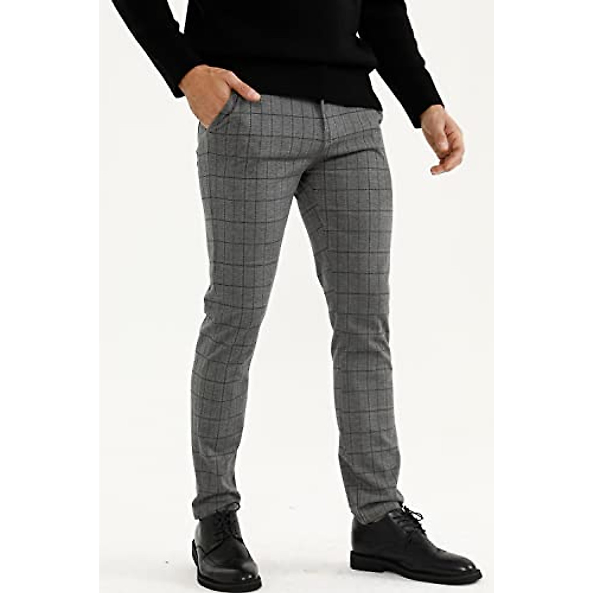 GINGTTO Mens Plaid Pants Casual Dress Pants for Men Slim Fit Stretch Slacks for Men Grey Sze 32