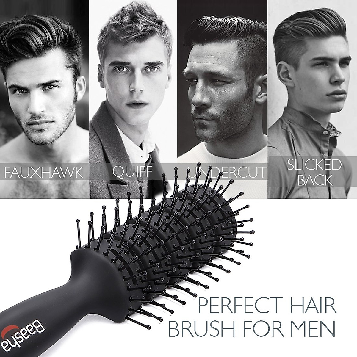 Baasha Hair Brush, Vented Brush for Blow Drying, Mens Short Hair Brush with Ball Tipped Bristles, Best for Wet or Dry Hair - Black