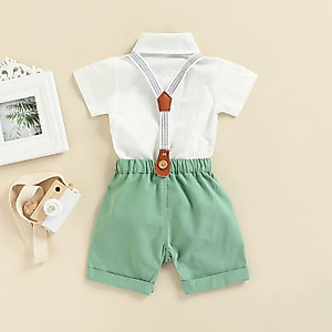 Newborn Baby Boy Gentleman Outfits Short Sleeve Shirts Romper Overalls Shorts Infant Summer Clothes Formal Suits 2Pcs (B1 Green , 6-12 Months )