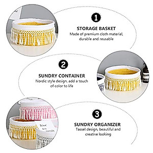 Cabilock Desk Topper Sundries Woven Storage Basket Decorative Tassel Storage Bins Basket Foldable Kid Organizer Makeup Books Storage Basket (Yellow) Macrame Decor