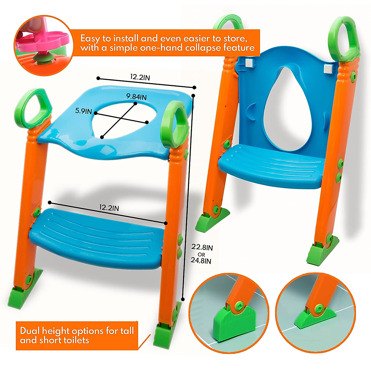 Potty Training Seat Toilet with Ladder - Potty Step Stool for Kids Toddlers w/Handles. Sturdy, Safe & Adjustable Height. Non-Slip Steps & Anti Slip Pads. Trainer Folds Easy for Boys Girls Baby