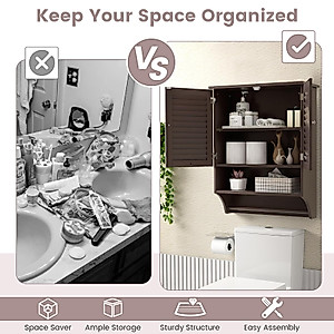 LOKO Bathroom Medicine Cabinet, Storage Cabinet with Double Louvered Doors, Wall Mounted Cabinet with Open Shelf & Towel Bar, Over The Toilet Space Saver Cabinet for Living Room Kitchen (Espresso)