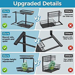 Under Sink Storage Organizer, 2 Tier Pull Out Sliding Under Sink Organizers and Storage Shelf Drawers for Bathroom Kitchen, 2 Pack Metal Adjustable Kitchen Bathroom Under Cabinet Organizer Storage.