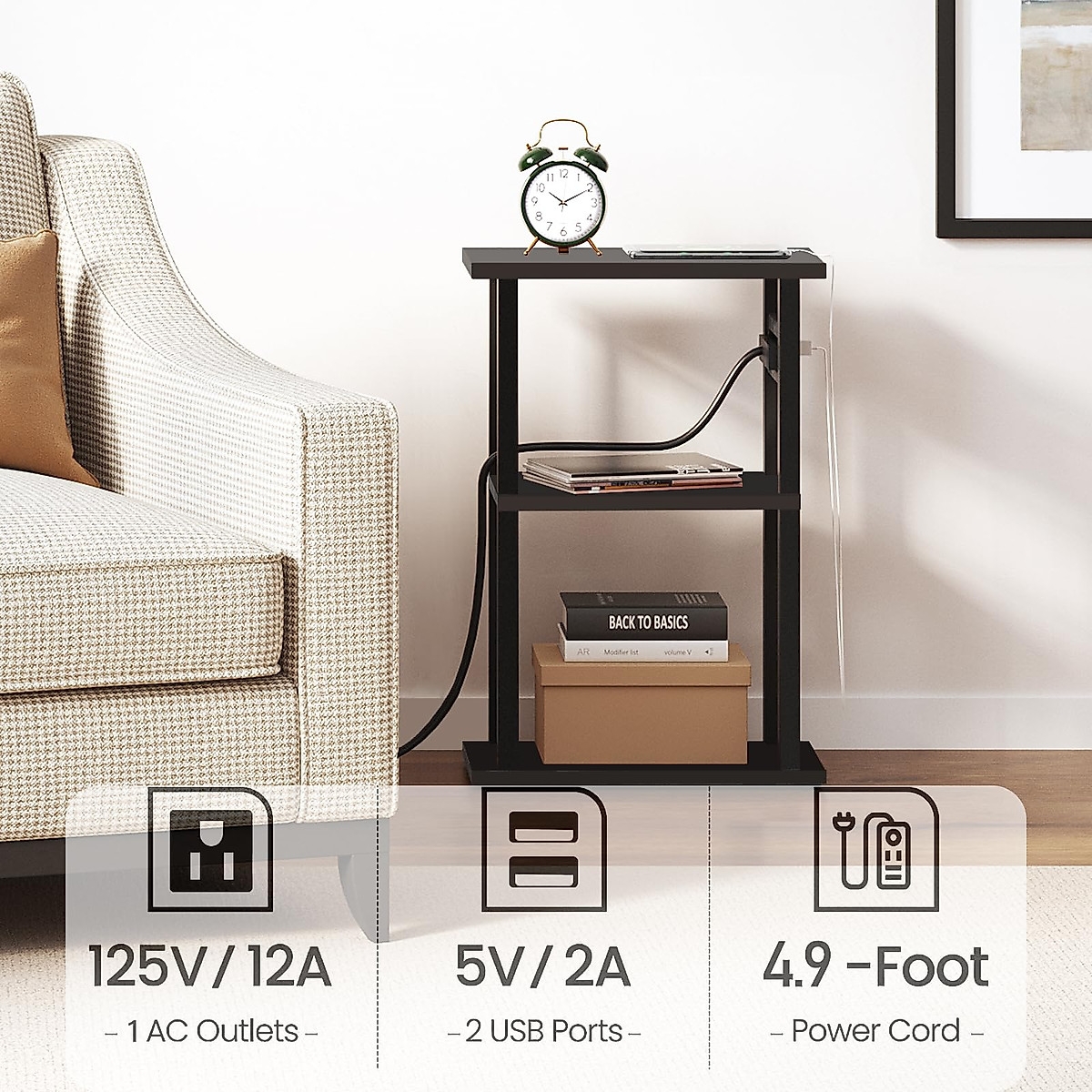 TUTOTAK Small Narrow Side Table with Charging Station, Set of 2 Skinny End Table for Small Spaces, Slim Nightstand with USB Ports and Outlet,Sofa Beside Table with Wheels, Black TB01BK047