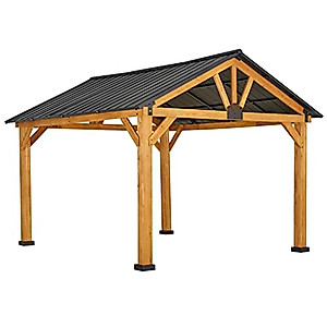 LJMXE 13' X 11'Wood Framed Gazebo with Steel Hardtop Roof,Double Vented Canopy Outdoor Shelter for Patio,Outdoor Furniture