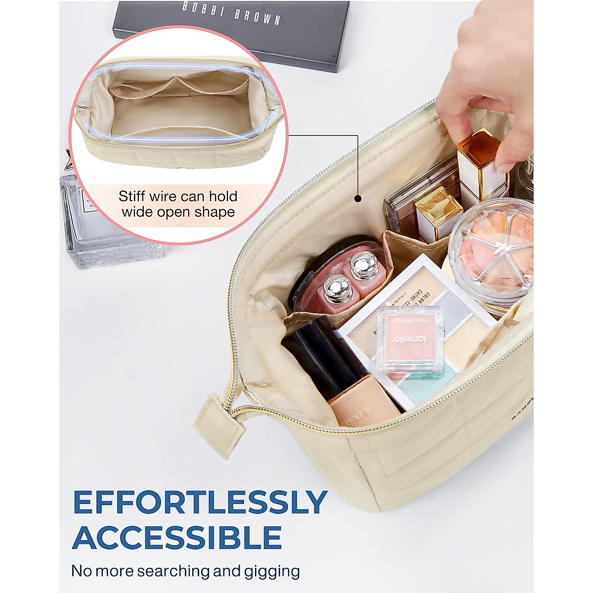 BAGSMART Makeup Bag Cosmetic Bag Wide Open, Beige, M, Wide-open Travel Makeup Bag With Puffy Padded and Rectangular Quilted