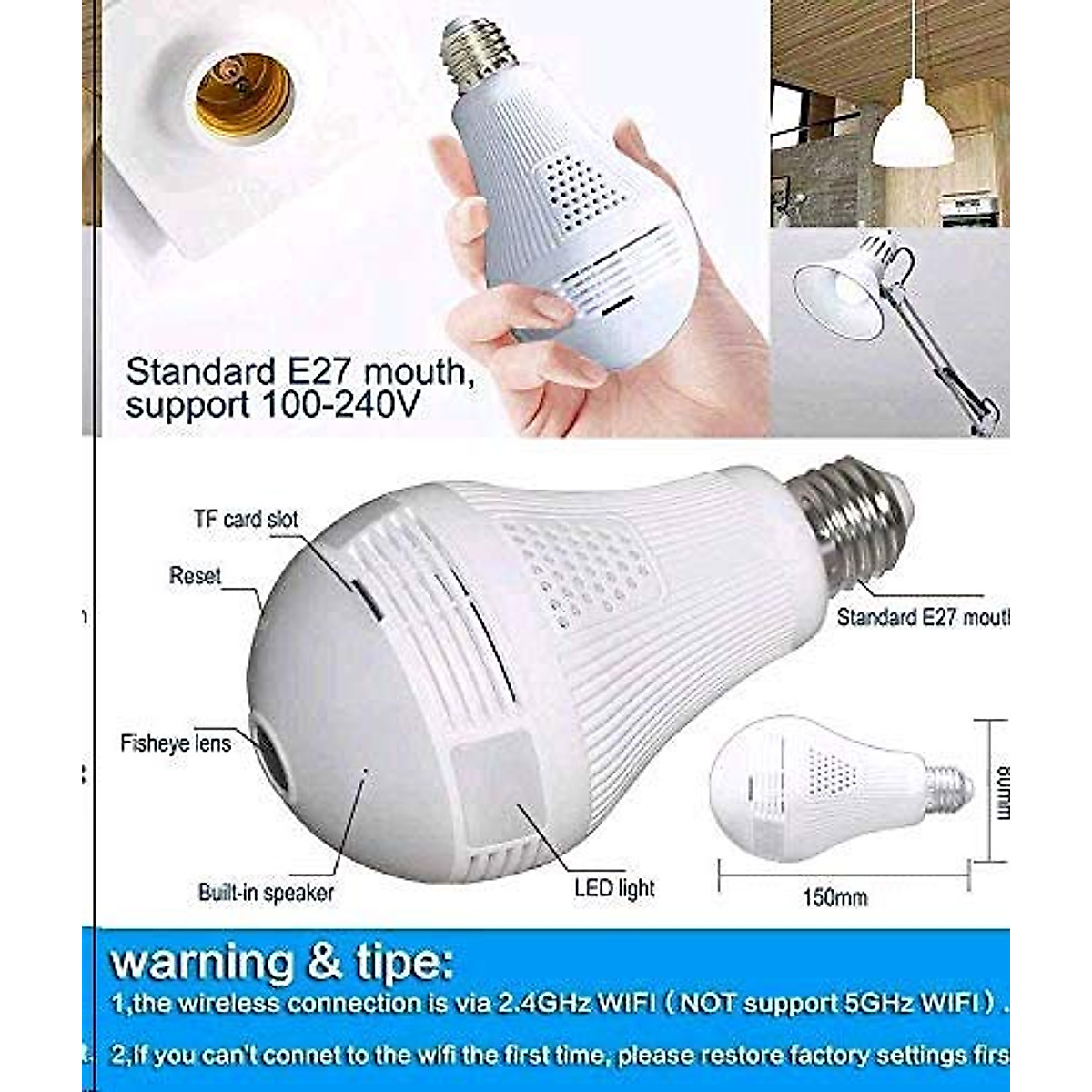 Full HD 1080P Home WiFi Camera, 2.4GHz, 360° Panoramic Wireless Security IP Camera, Remote Viewing Camera, Night Vision Motion Detection