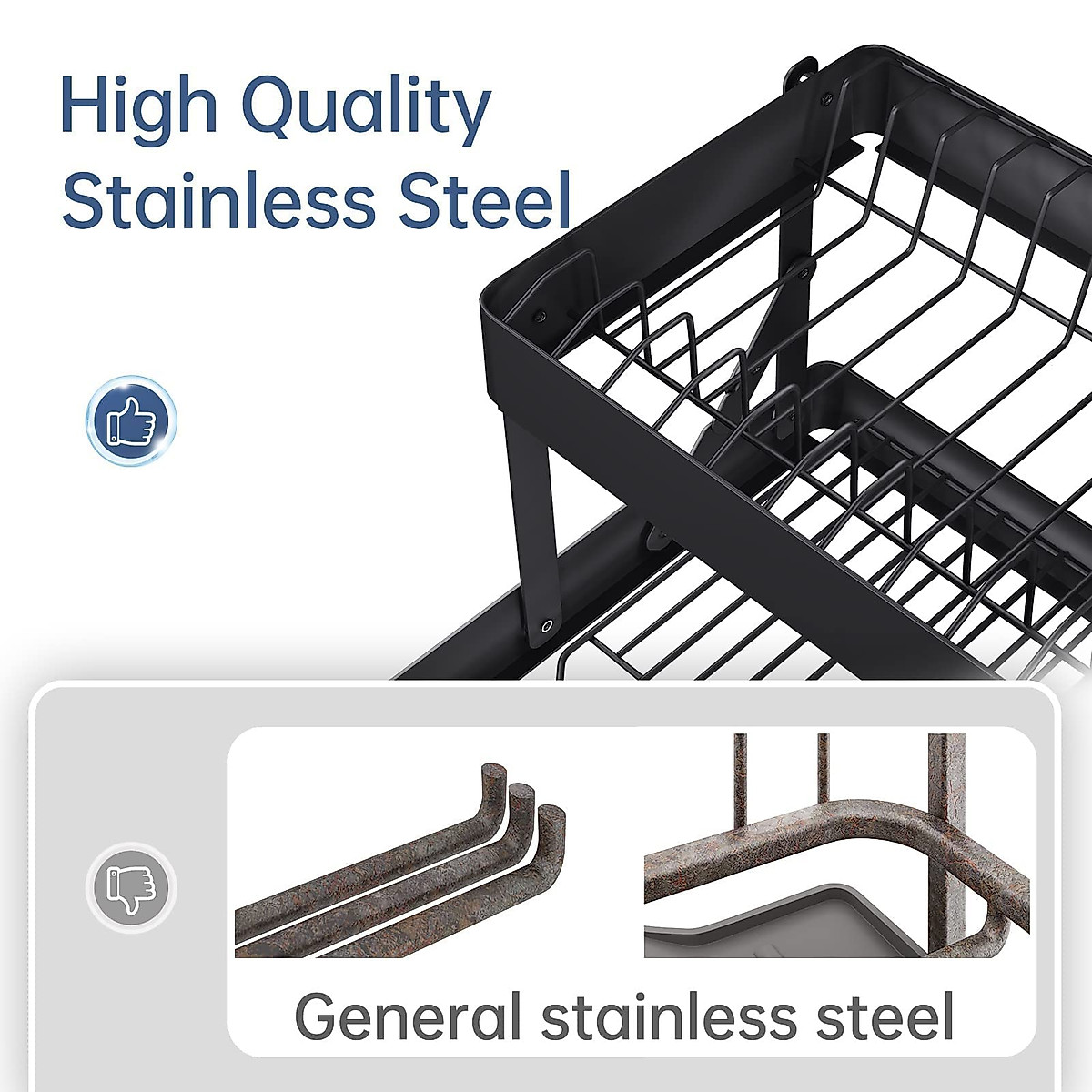 PXRACK Dish Drying Rack,Stainless Steel Dish Racks for Kitchen Counter Two Tier Collapsible Dish Racks for Storage Dishes Foldable Dish Drainer with Utensil Holder Organizer Dryer with Drainboard