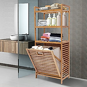 46.9'' Tilt Out Laundry Hamper, 3-Tier Bamboo Laundry Hamper Cabinet Floor Stand Bathroom Storage Shelf Cabinet Clothes Organizer Laundry Shelf for Laundry Room Bathroom Bedroom