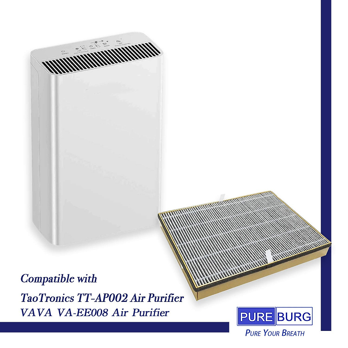 PUREBURG Replacement True HEPA Filter Compatible with TaoTronics TT-AP002 and VAVA VA-EE008 Air Purifiers, H13 High-efficiency Activated carbon True HEPA 2-IN-1 Air Clean VOC Dust,2-Pack