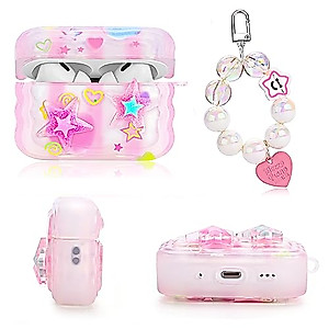 Cute AirPods Pro 2 Case with Love Pendant Colorful Round Bead Keychain, Glitter 3D Stars Design Soft Protective Cover Compatible with AirPods Pro 2nd Generation 2022 Case for Women and Girls