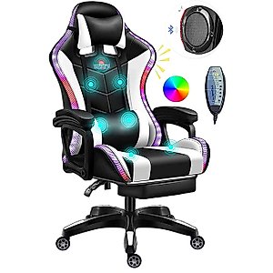 White Gaming Chair with LED Light, Ergonomic Pro Gaming Chair with Full Massage Lumbar Support, Bluetooth Speakers Computer Chair for Retractible Footrest and Backrest Adjustable,White