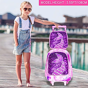 AGSDON 3PCS Rolling Backpack for Girls, Kids Roller Wheels Bookbag, Wheeled School Bag with Lunch Bag - Mermaid Pink