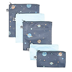 Tiny Twinkle 5 Pack Reusable Snack Bags - Machine Washable, PFAS, PVC, BPA, Phthalate-Free Reusable Baby and Toddler Food Safe Snack Bags (Space)