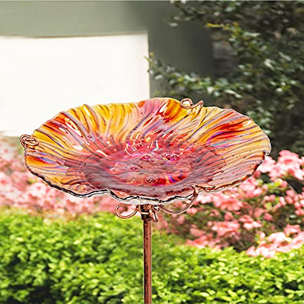 MUMTOP 26 Inch Height Glass Birdbath Birdfeeder with Metal Stake Garden Outdoor Red