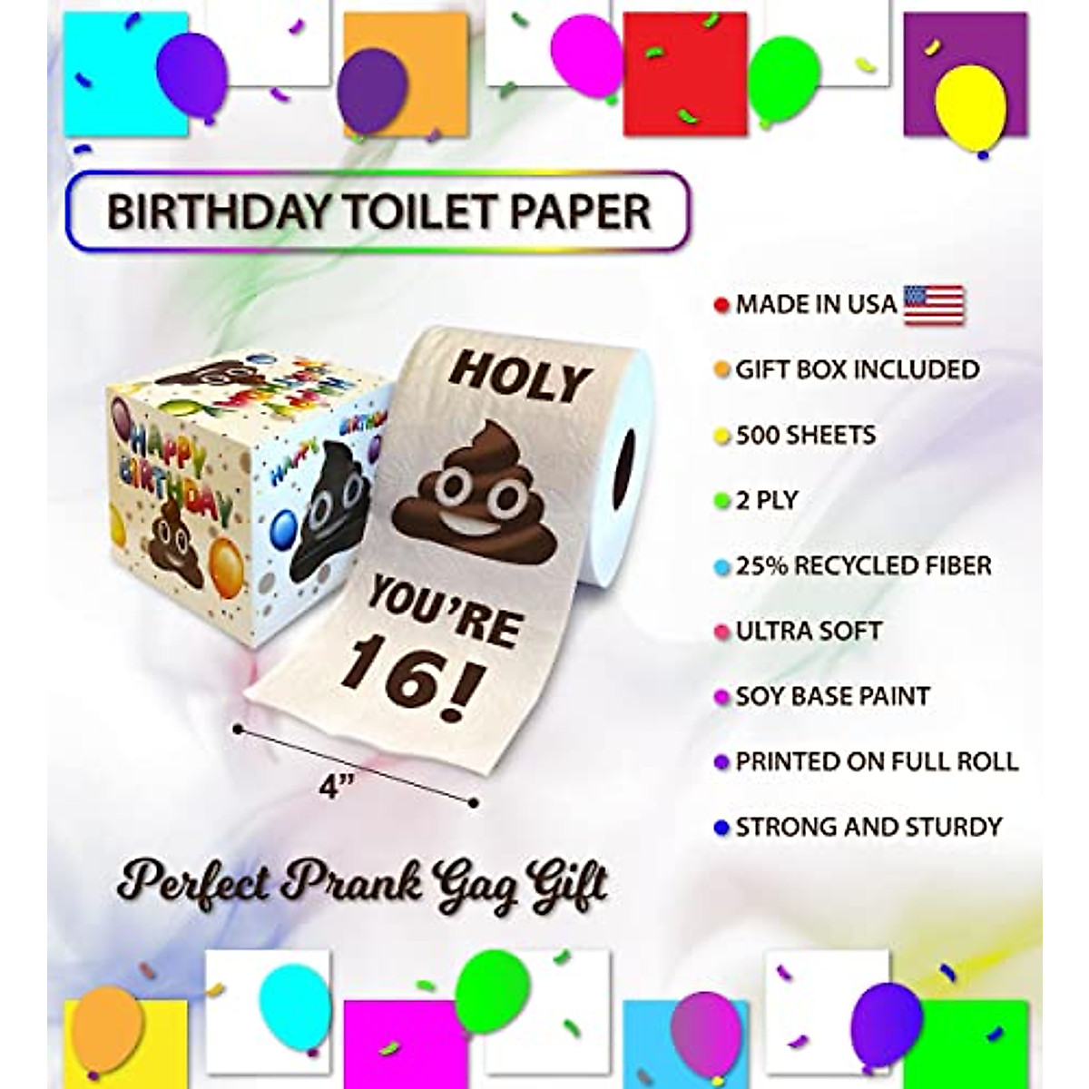 Printed TP Holy Poop You're 16 Printed Toilet Paper Gag Gift – Funny Toilet Paper For Prank, Surprise, Bathroom Decor, Novelty Gift For Men, Women, Friends, Family, 16th Birthday Party - 500 Sheets