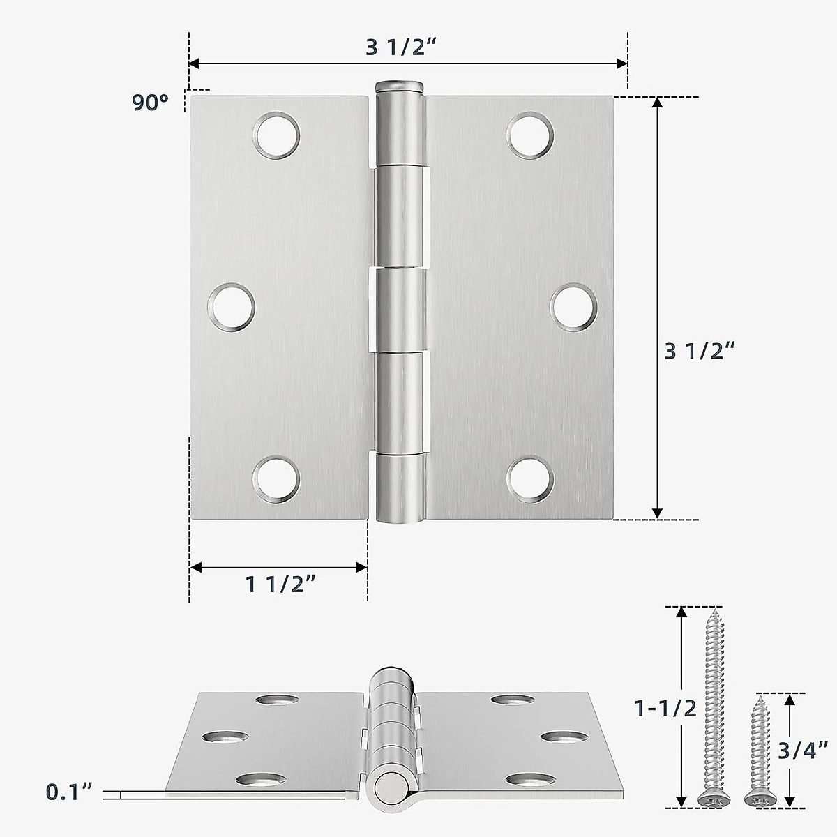HOSOM 6 Pack Door Hinges 3.5 Inch with Square Corner, Satin Nickel Interior Door Hinge for Bedroom, Bathroom, Cabinet, and More